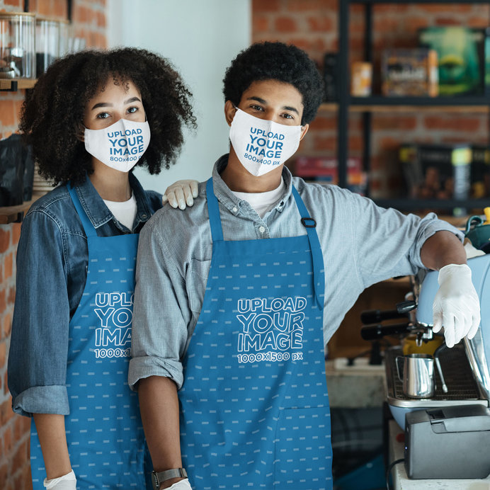 Placeit - Face Mask and Apron Mockup Featuring Two Young Workers