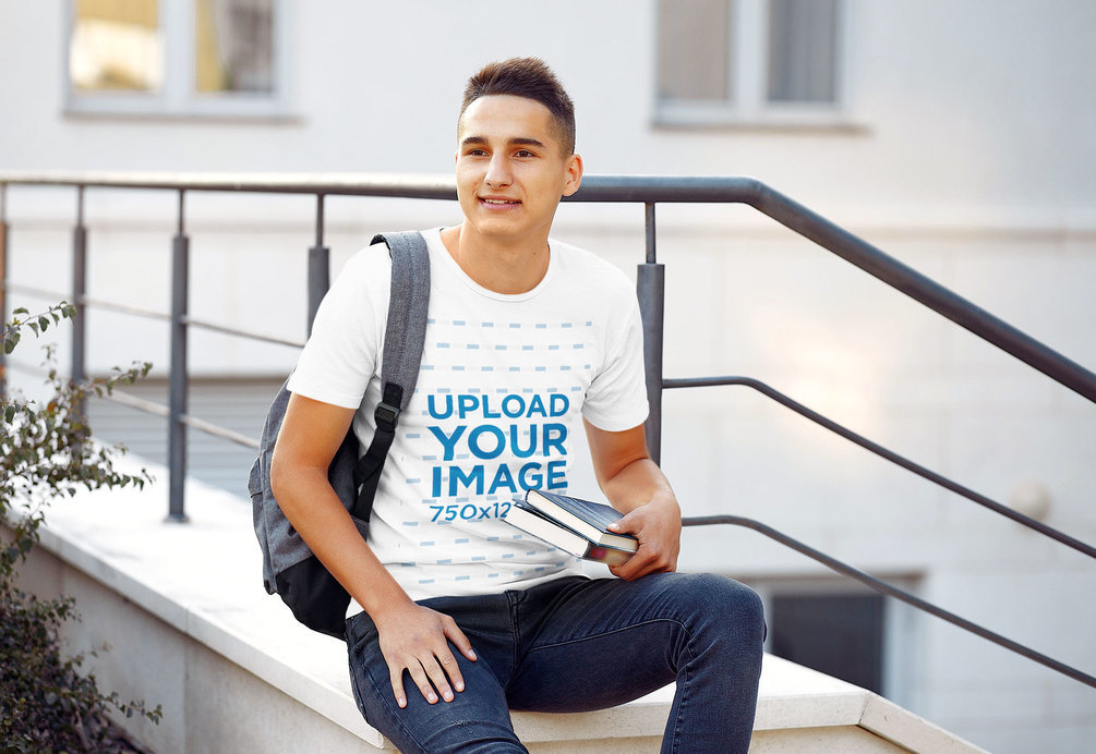 Placeit - T-Shirt Mockup of a College Student Waiting for Class