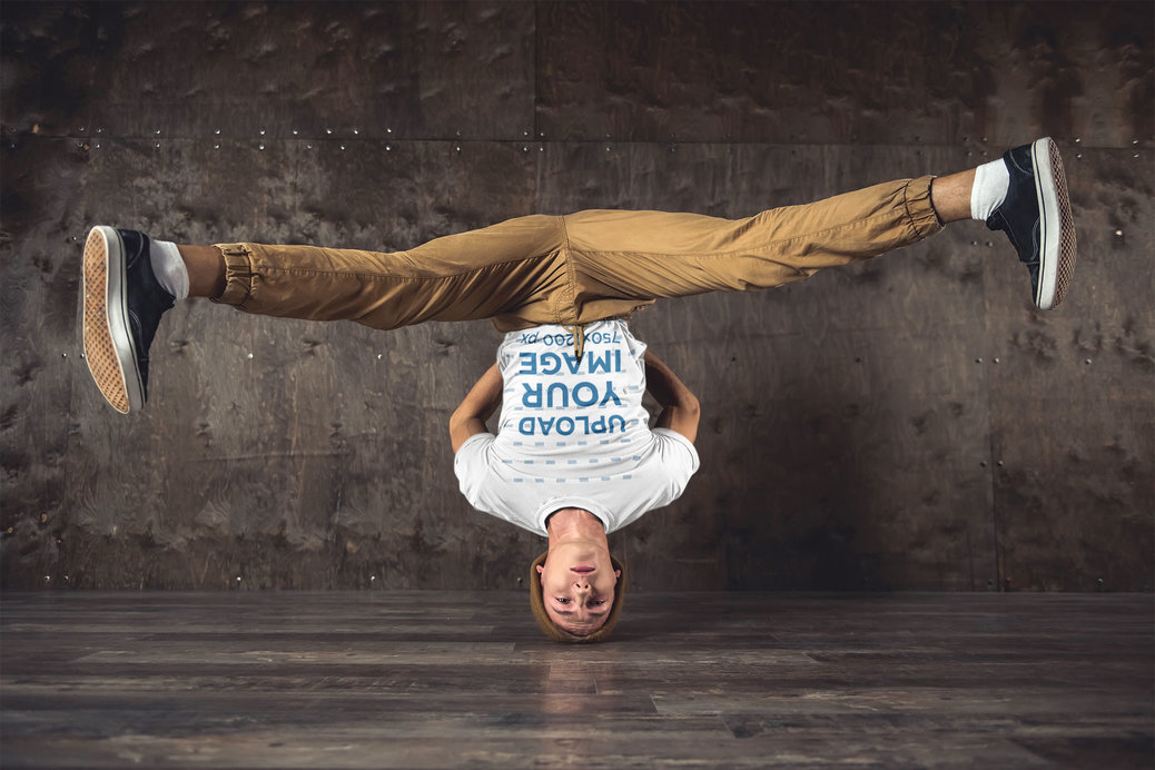 Placeit - T-Shirt Mockup Featuring a Breakdancer Standing on His Head