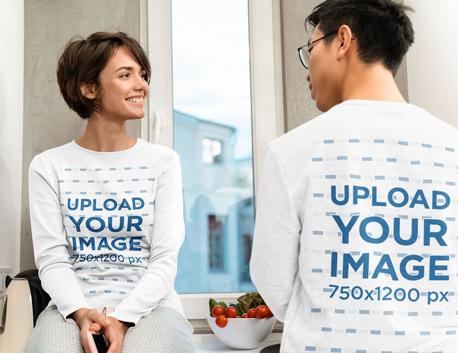 Placeit - Long Sleeve Tee Mockup of a Woman Chatting With Her Boyfriend
