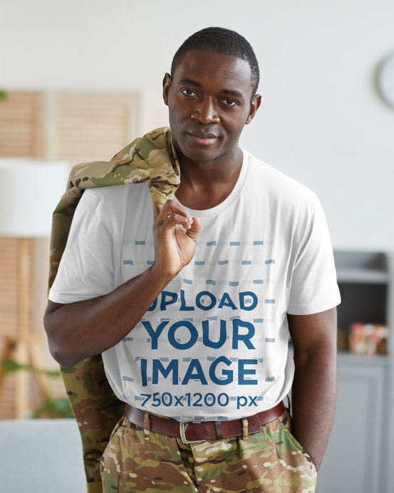Placeit - T-Shirt Mockup Featuring a Soldier at Home