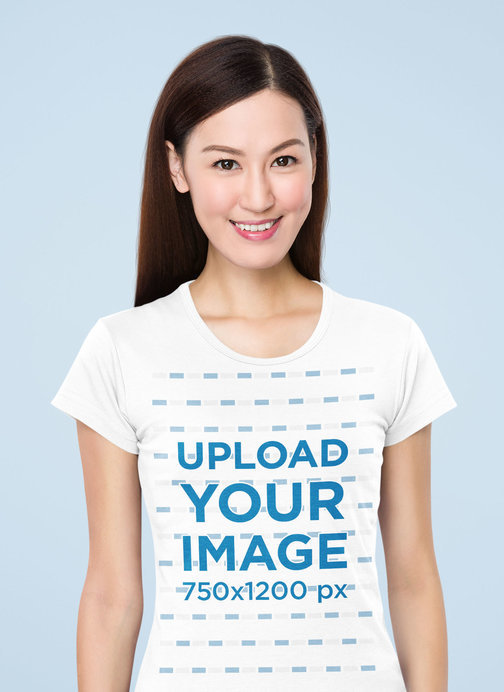 Placeit - Round-Neck Tee Mockup Featuring a Smiling Woman at a Studio