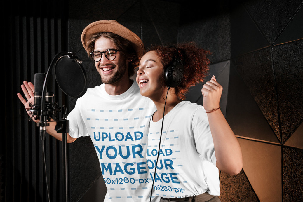 Placeit - T-Shirt Mockup Featuring a Man and a Woman in a Recording Studio