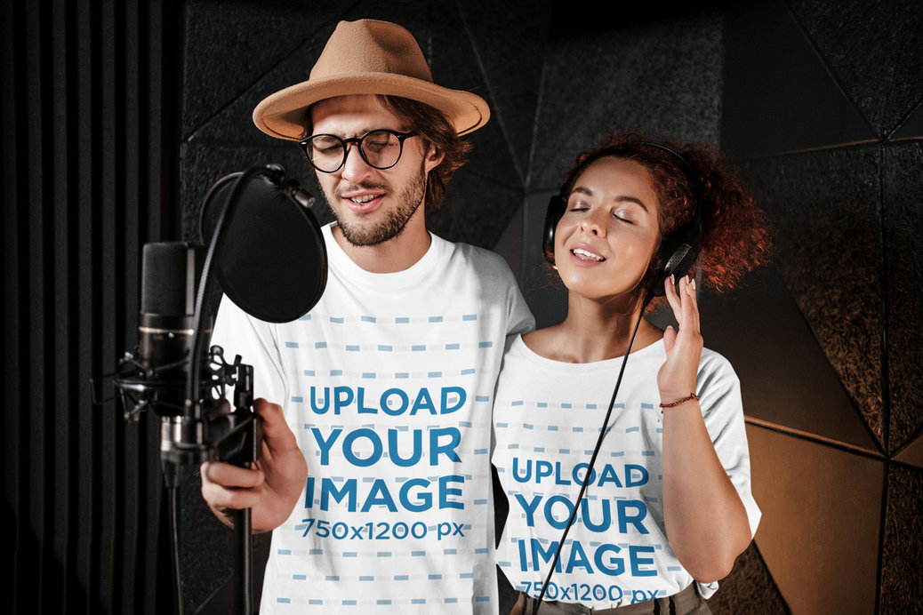 Placeit - T-Shirt Mockup of Two Musicians Singing at a Recording Studio