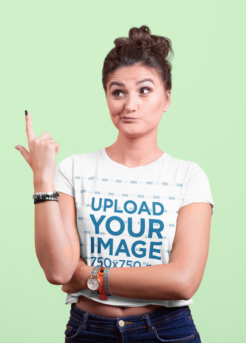Placeit - Crop Top Mockup of a Woman Making a Funny Face and Pointing ...