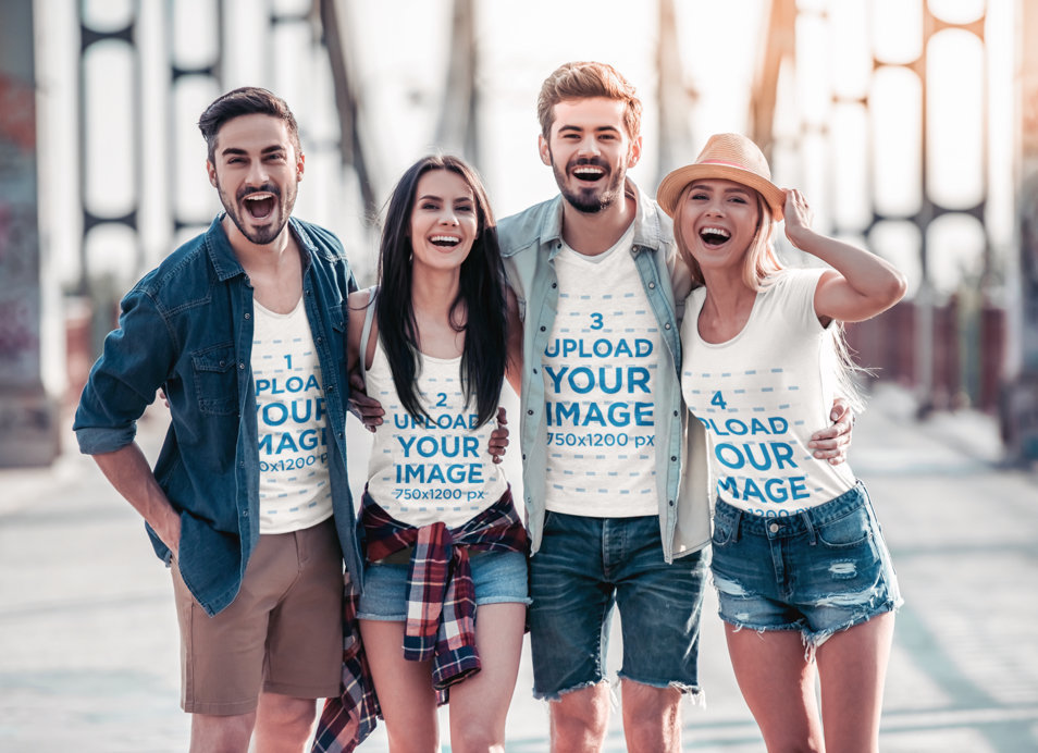 Placeit - T-Shirt and Tank Top Mockup of a Group of Friends on a Double ...