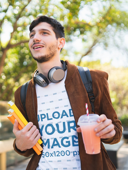 Placeit - T-Shirt Mockup of a College Student Walking on Campus