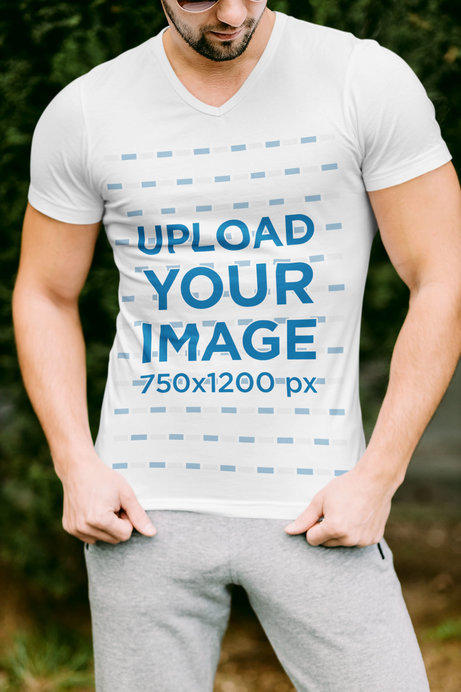 Placeit - V-Neck T-Shirt Mockup of a Strong Man Posing