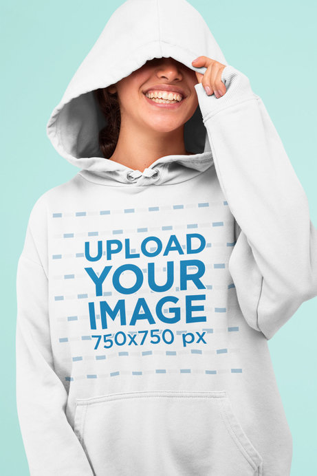 Placeit - Pullover Hoodie Mockup Featuring a Woman Laughing in a Studio