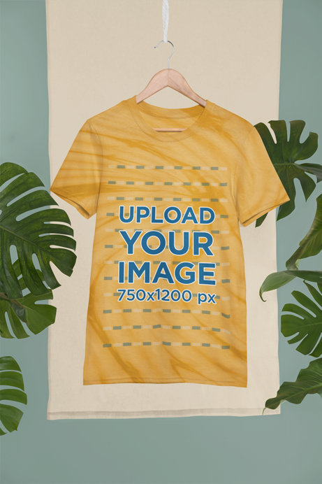 Placeit - Mockup of a Custom Tie-Dye T-Shirt Hanging in a Tropical Setting