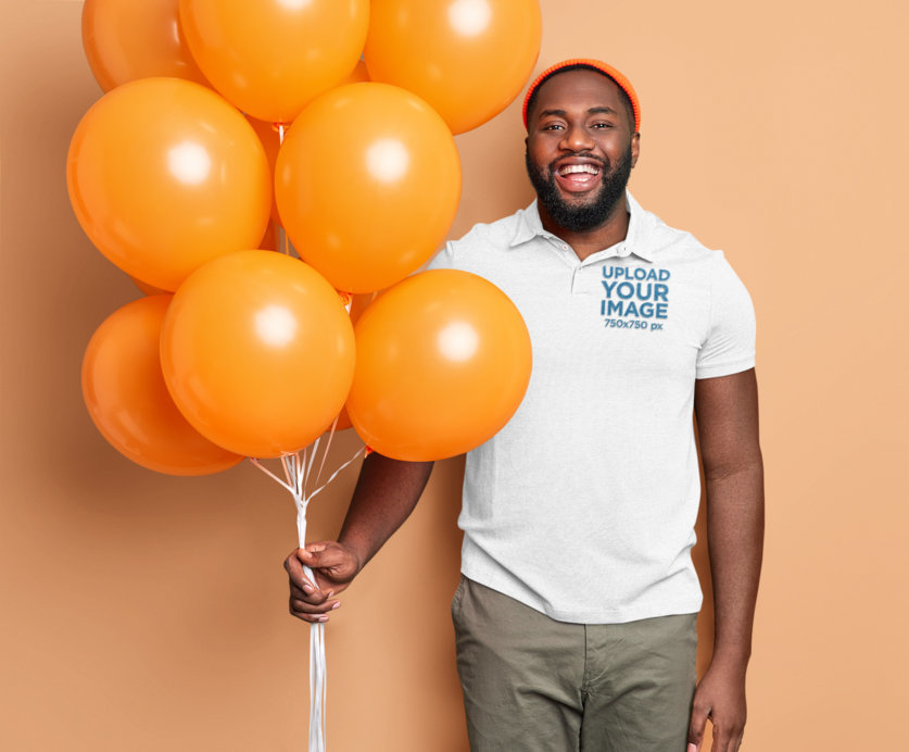Placeit - Polo Shirt Mockup of a Man Holding a Bunch of Balloons