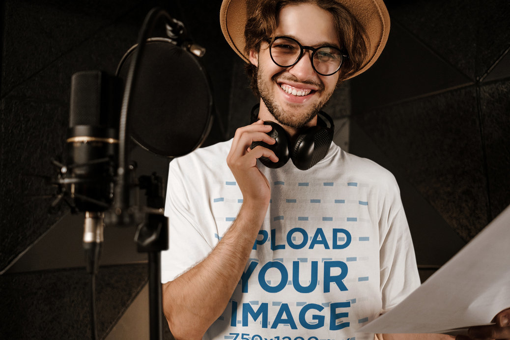 Placeit - T-Shirt Mockup of a Young Musician at a Recording Studio