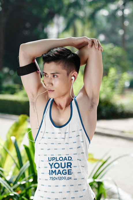 Placeit - Ringer Tank Top Mockup of a Young Man Stretching Before a Jog