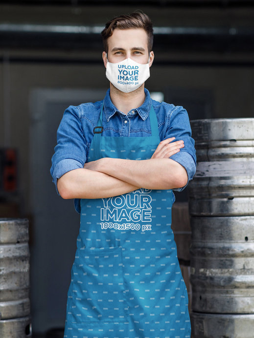 Placeit - Face Mask and Apron Mockup Featuring a Man at a Storage Room