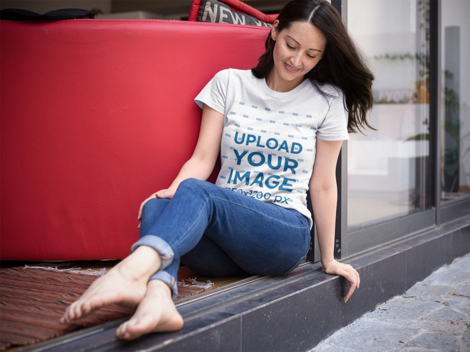 Placeit - Middle Aged Woman Without Shoes Sitting Down While Wearing a ...