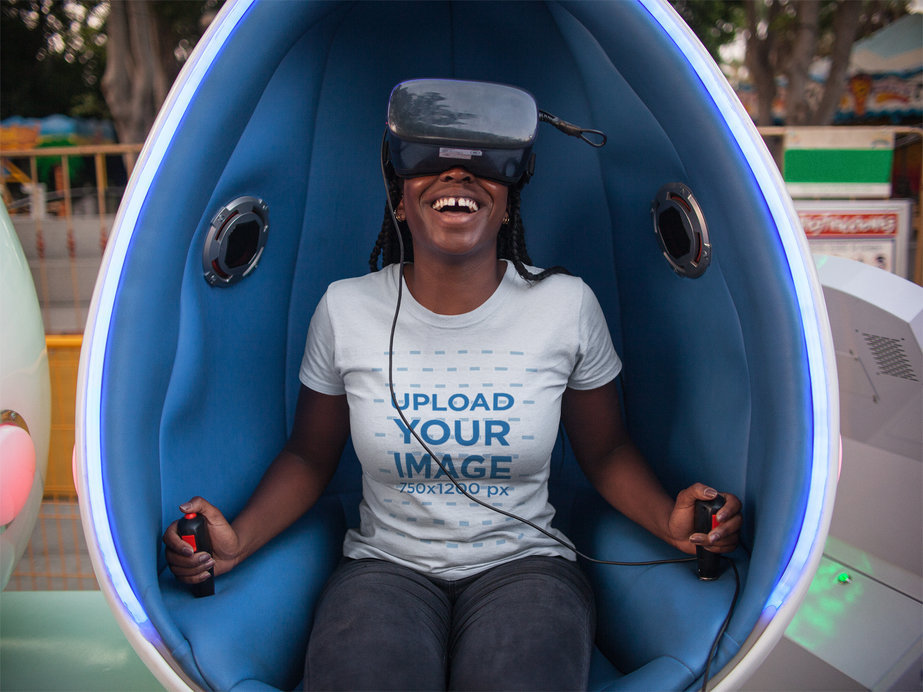 Placeit - Woman with Locs Having Fun with a VR Wearing a Tshirt Mockup